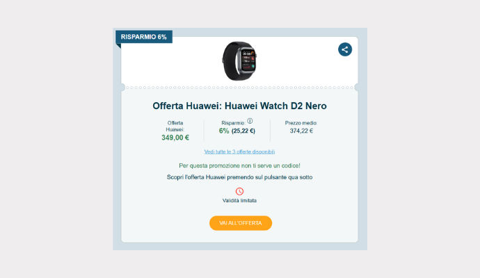 Il miglior Coupon Huawei del giorno: Huawei Watch D2 Nero a soli 349 euro