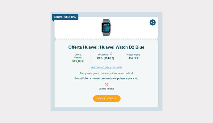 Il miglior Coupon Huawei del giorno: Huawei Watch D2 Blue a soli 349 euro